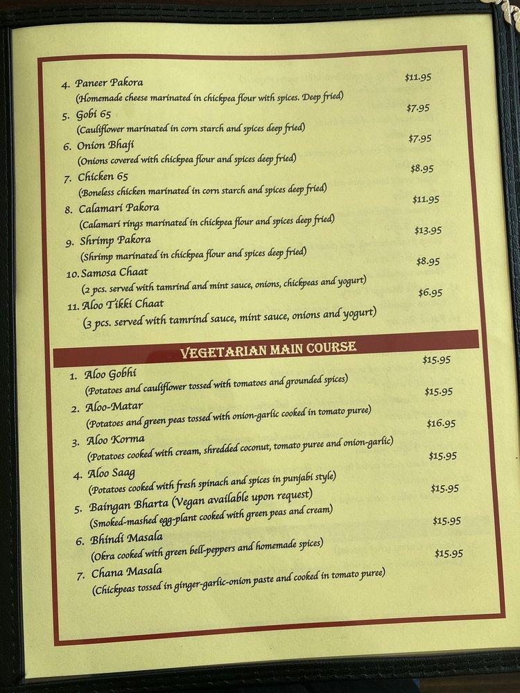 Menu at Vintage India restaurant, Lakewood