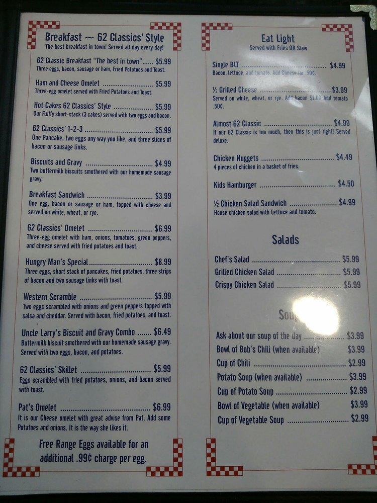 Menu at 62 Classics' Diner restaurant, Hillsboro
