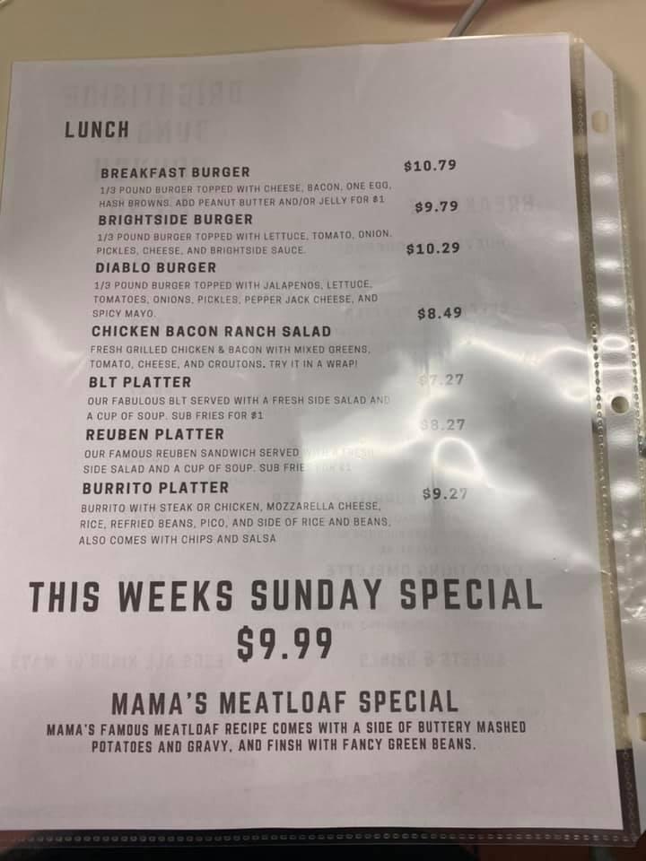 Menu at Brightside Cafe, Sioux City