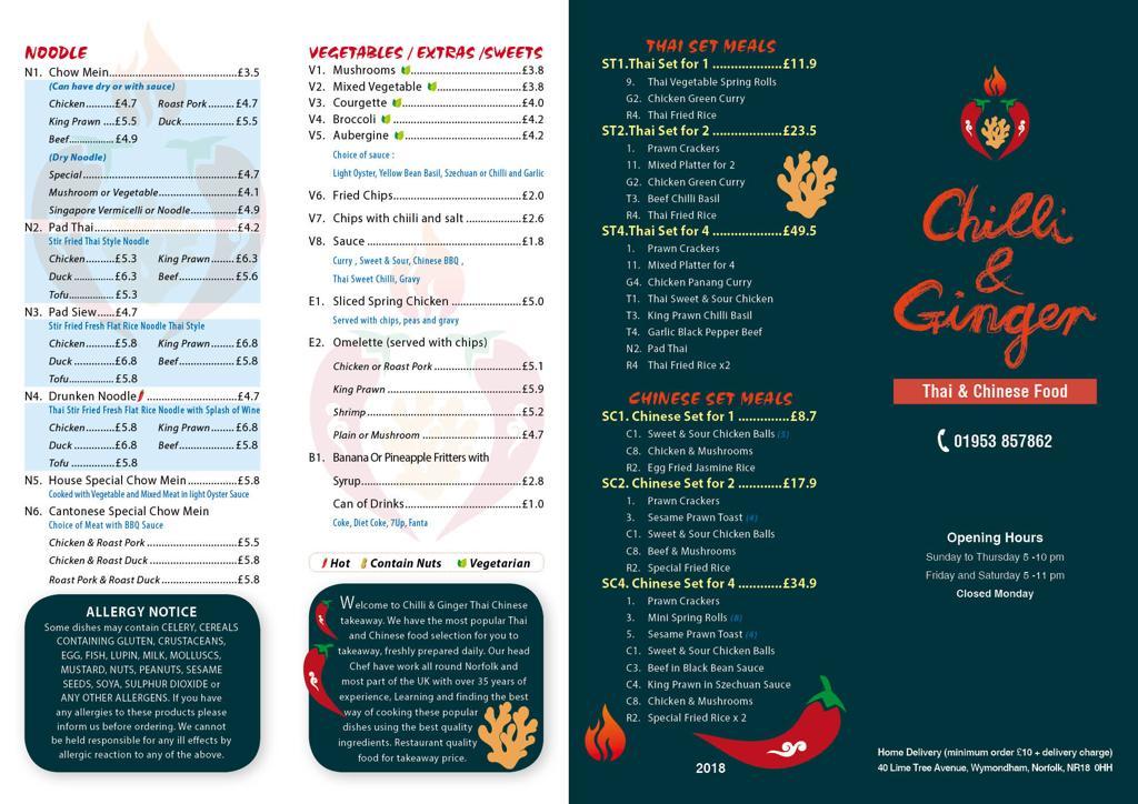 Menu at Chilli&Ginger Thai and Chinese Takeaway restaurant, Wymondham