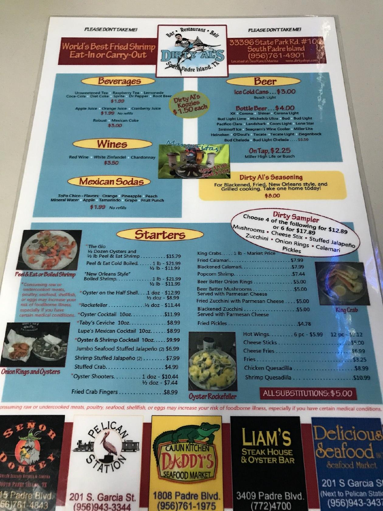 Menu at Dirty Al's restaurant, South Padre Island, State Park Rd 100