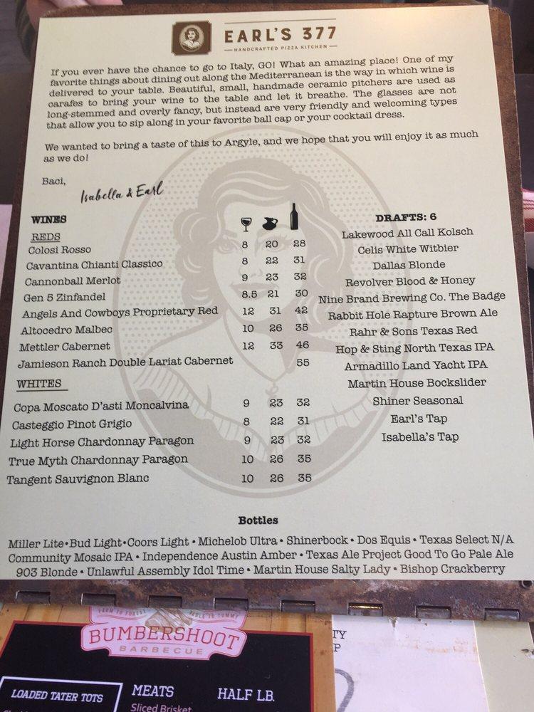 Menu at Earl and Isabella's Taverna pizzeria, Argyle, 427 US-377