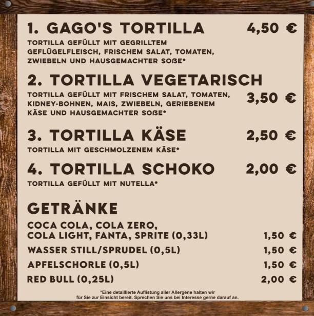 Menu at Gago´s Tortillas restaurant, Mannheim