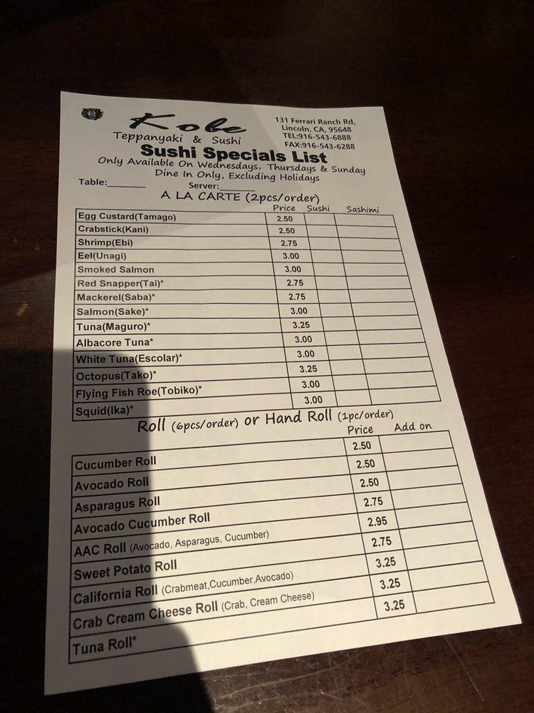 Menu at Kobe Teppanyaki & Sushi restaurant, Lincoln