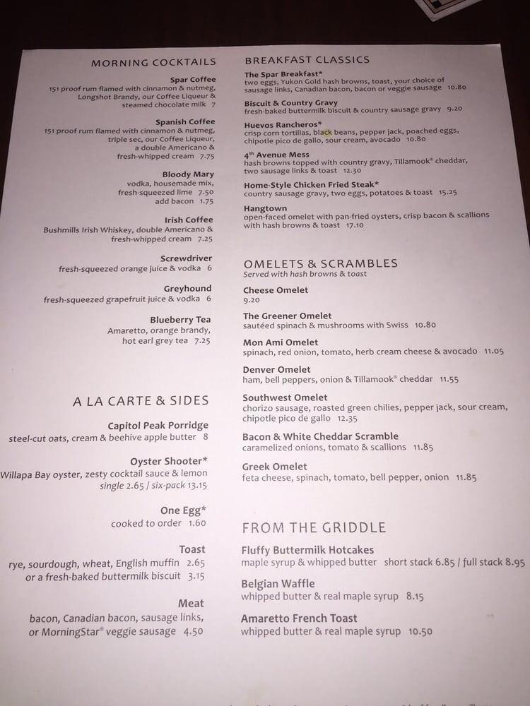 Menu at McMenamins Spar Café pub & bar, Olympia