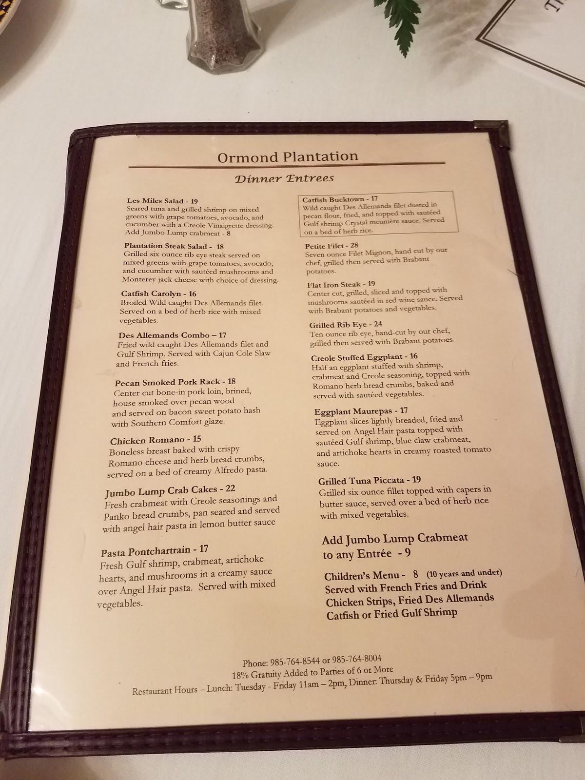 Menu at Ormond Manor restaurant, Destrehan