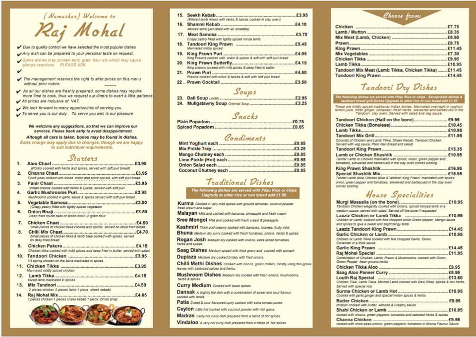 Menu at Raj Mohal restaurant, Louth