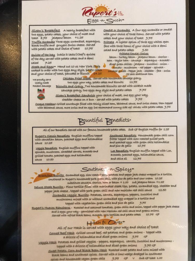 Menu at Rupert's at the Edge restaurant, Edgewater
