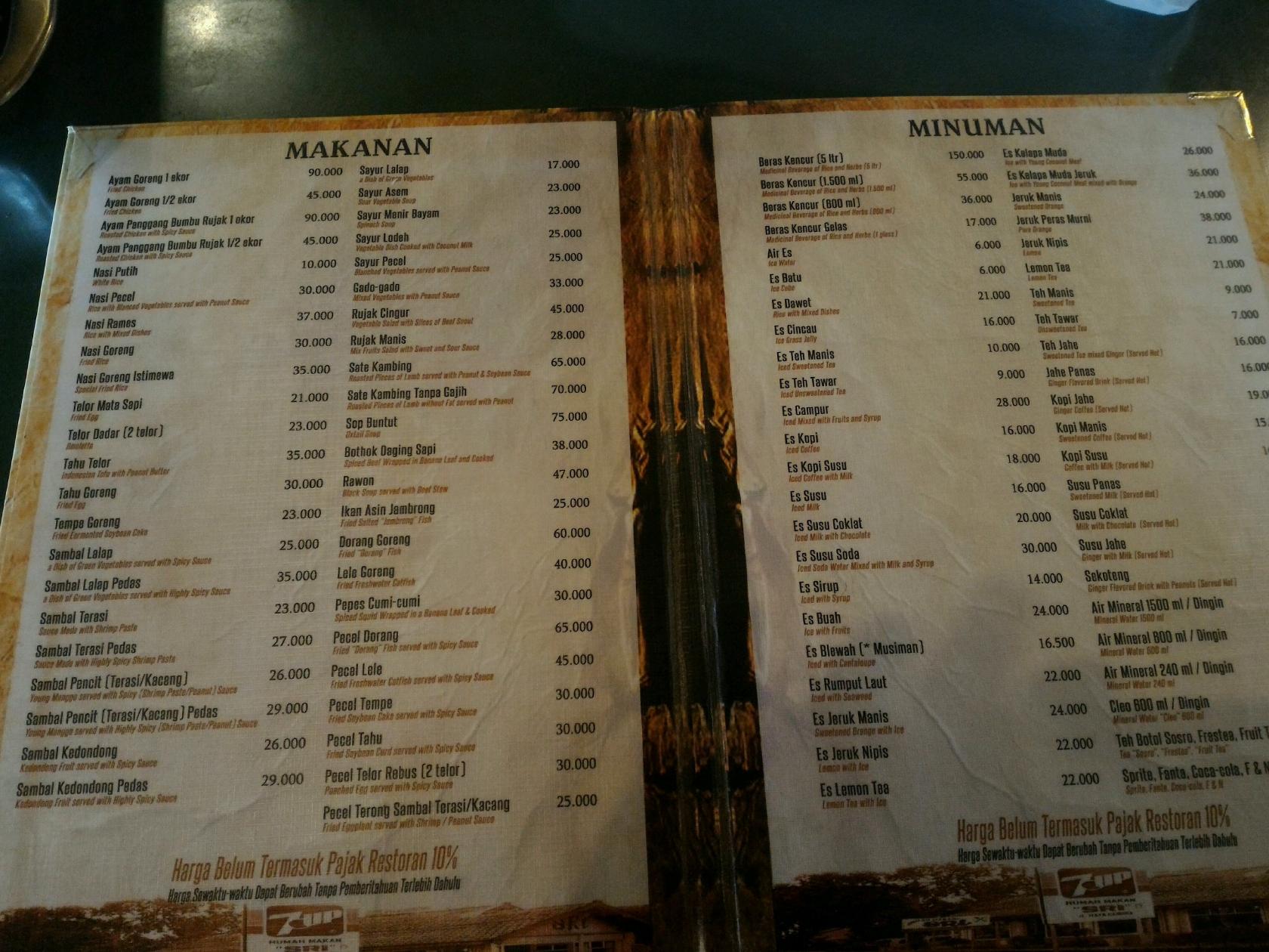 Menu at SRI Istana Ayam Goreng restaurant, Pandaan
