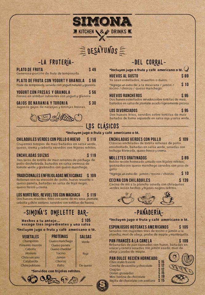 Carta del pub y bar Simona Kitchen & Drinks, Mexico