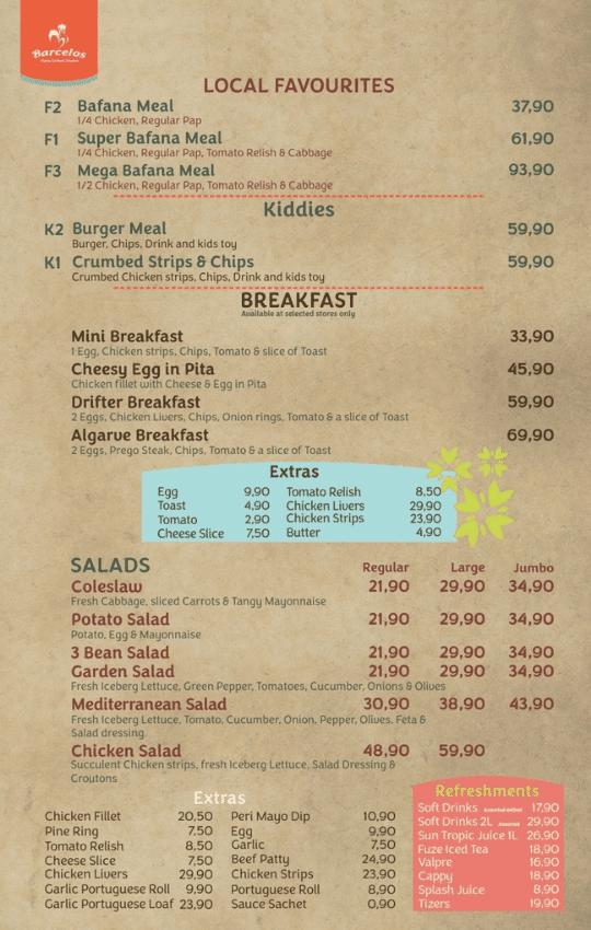 Menu at Barcelos Engen Pavillion, Durban