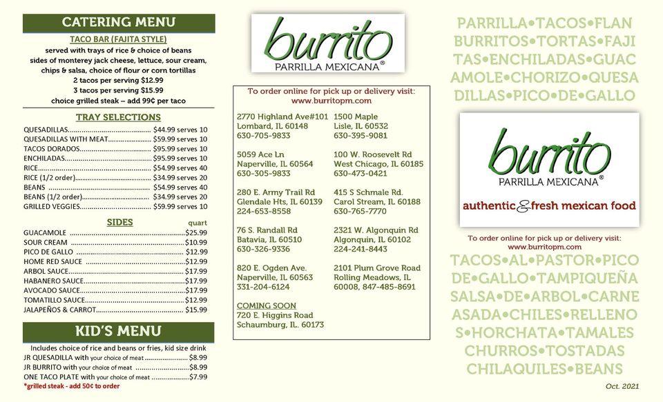 Menu at Burrito Parrilla Mexicana restaurant, Lombard, S Highland Ave #101