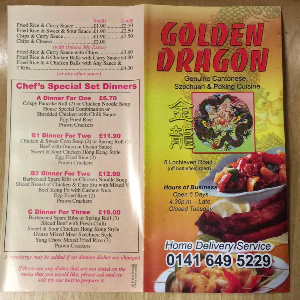 Menu at Golden Dragon fast food, Glasgow, 5 Lochleven Road