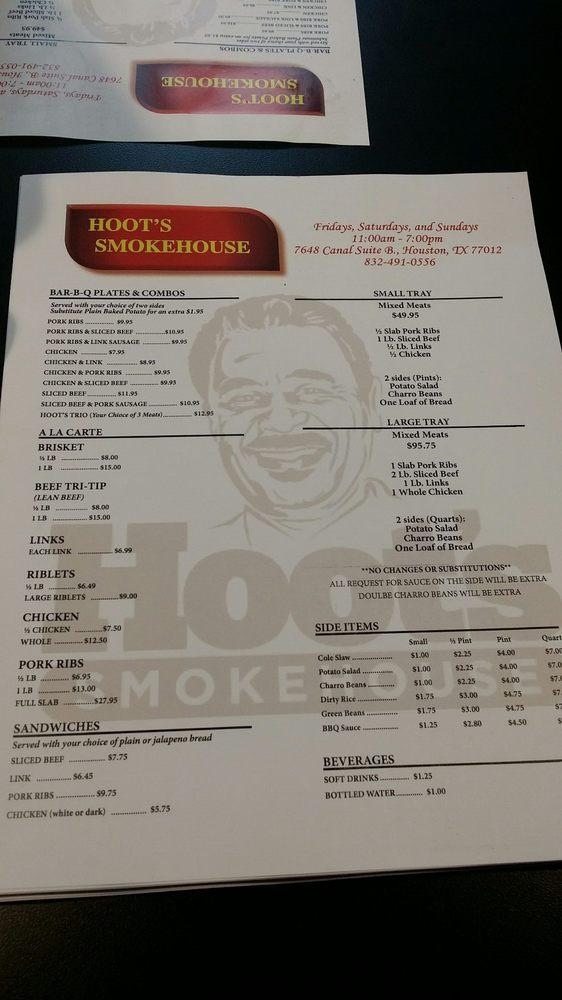 Menu at Hoot's Smokehouse BBQ, Houston