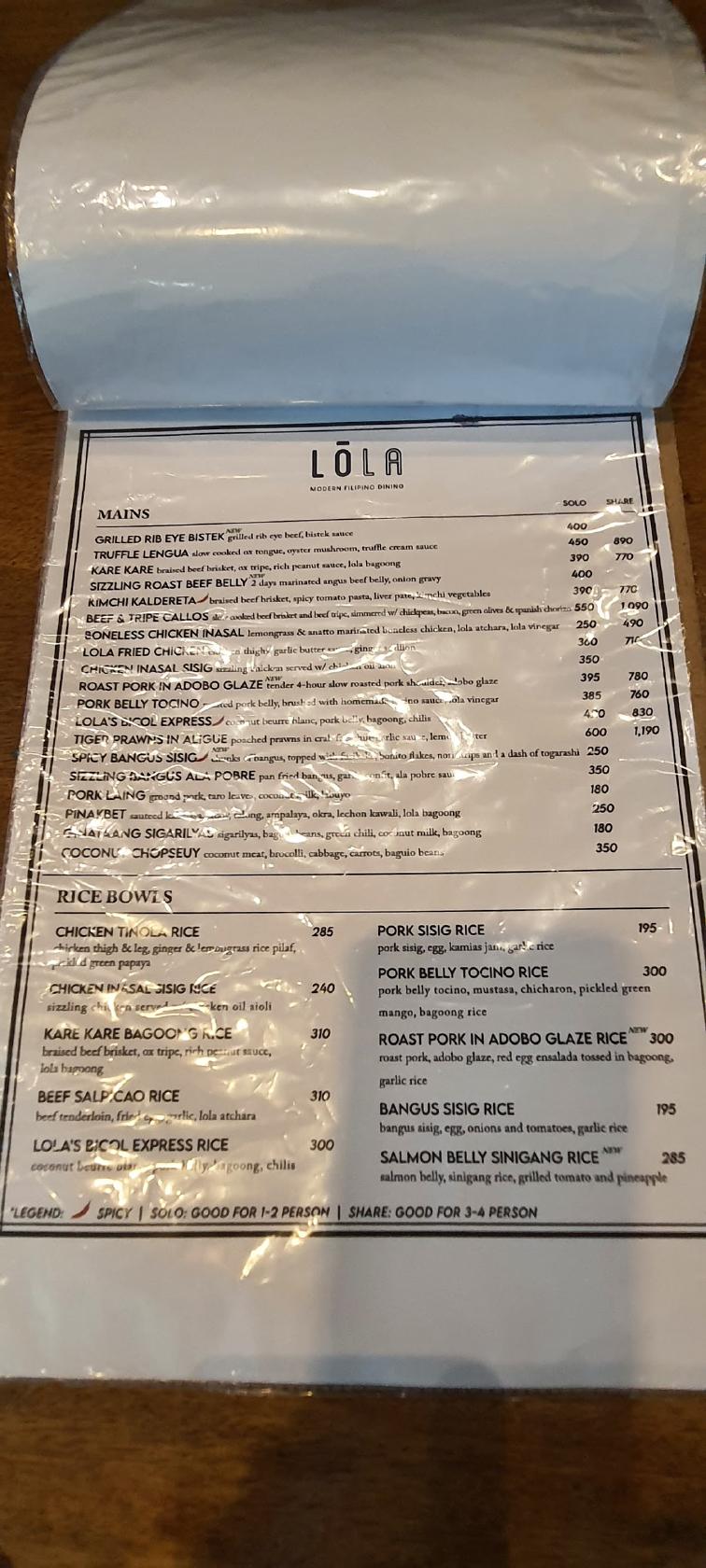 Menu at Lola restaurant, Pasay, Seaside Boulevard