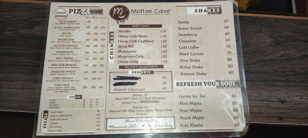 Menu at Molten cave, Gharaunda