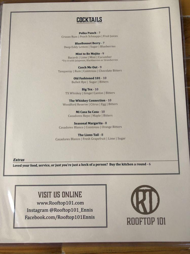Menu at Rooftop 101 pub & bar, Ennis