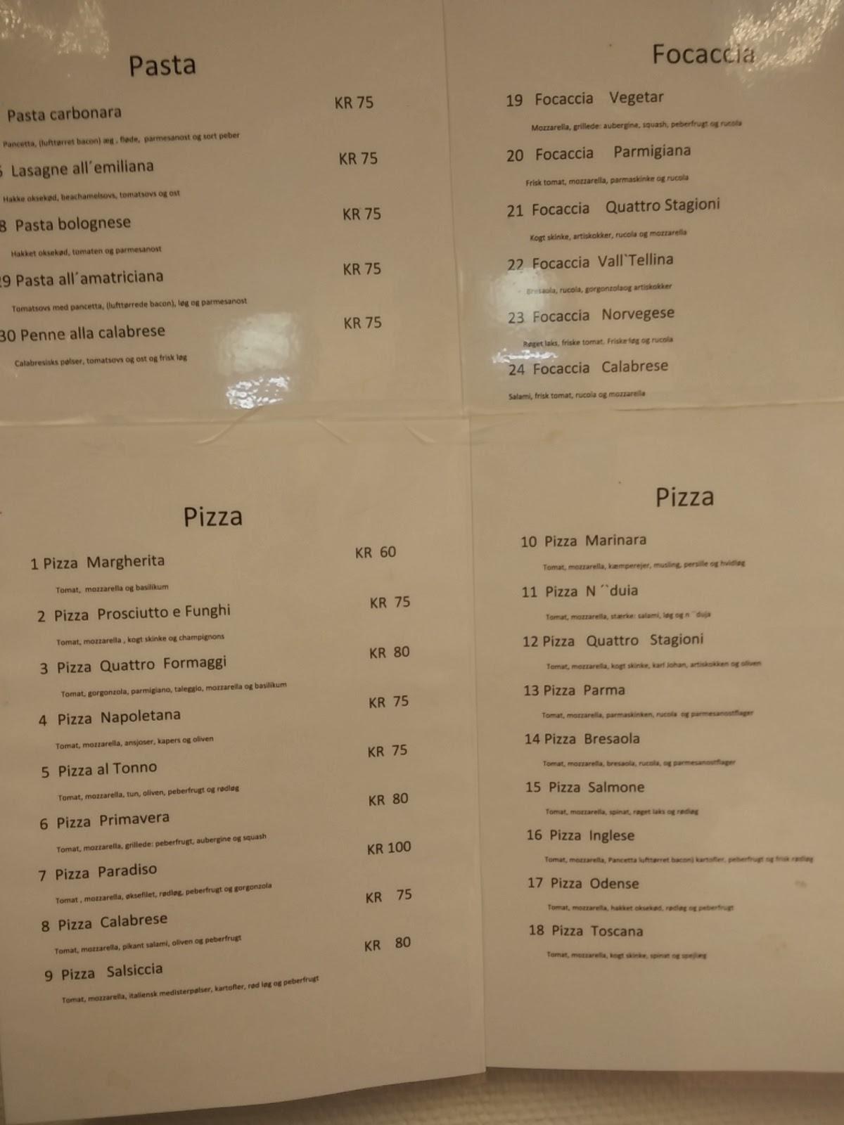 Menu at pizzaria Villa Paradiso restaurant, Odense