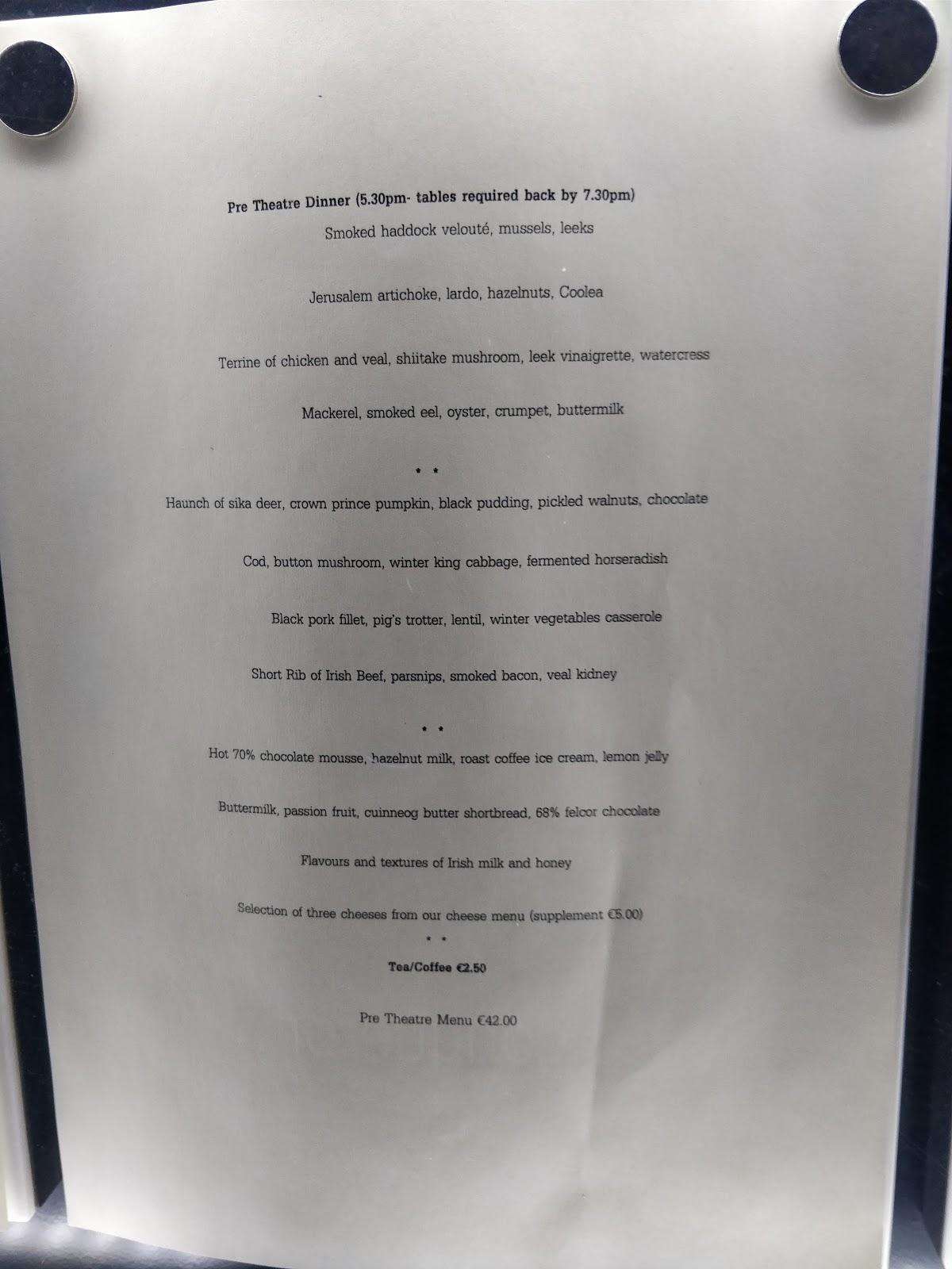 Menu at Chapter One Restaurant, Dublin