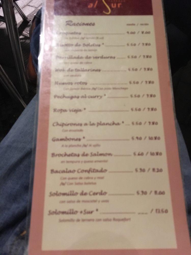 Carta del pub y bar Taberna El Sur, Madrid