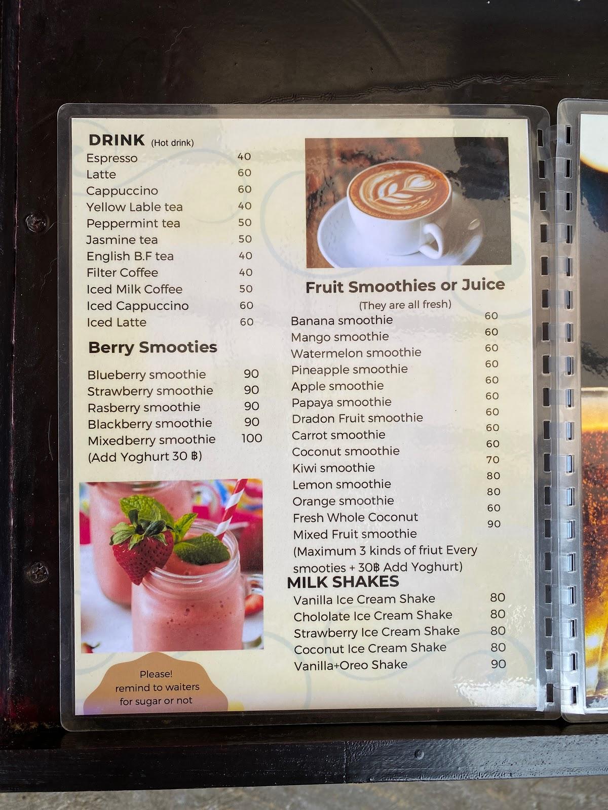 Menu at Family Kitchen restaurant, Ko Tao