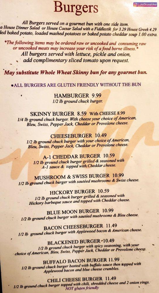 Menu at Fiddlestiks Food & Spirits Company restaurant, Hannibal
