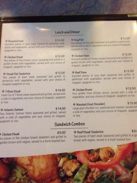 Menu at Hamdi Restaurant Somali Cuisine, Toronto, 18 Rexdale Blvd