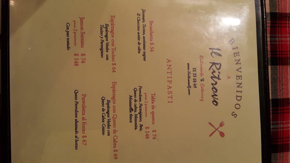Carta del restaurante Il Ritrovo, Ciudad del México