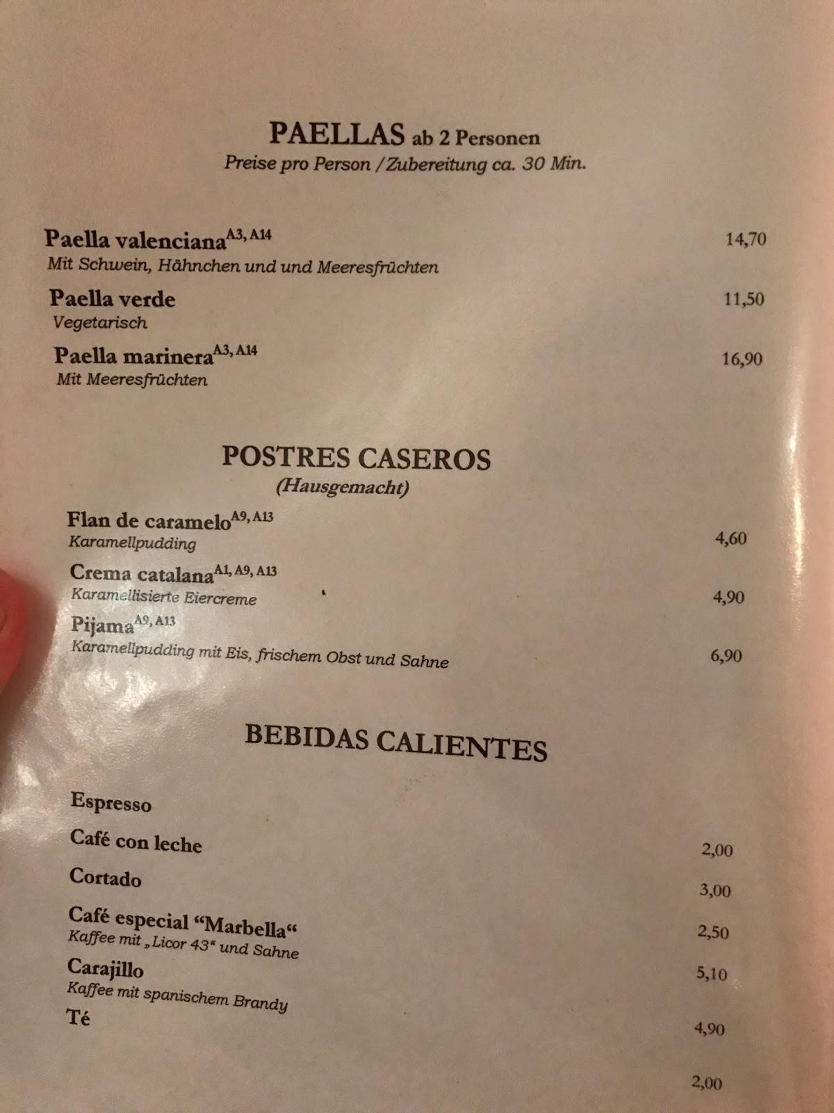 Menu at Marbella Restaurant, Munich