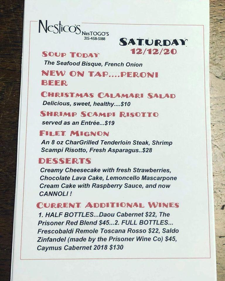 Menu at Nestico's restaurant, North Syracuse