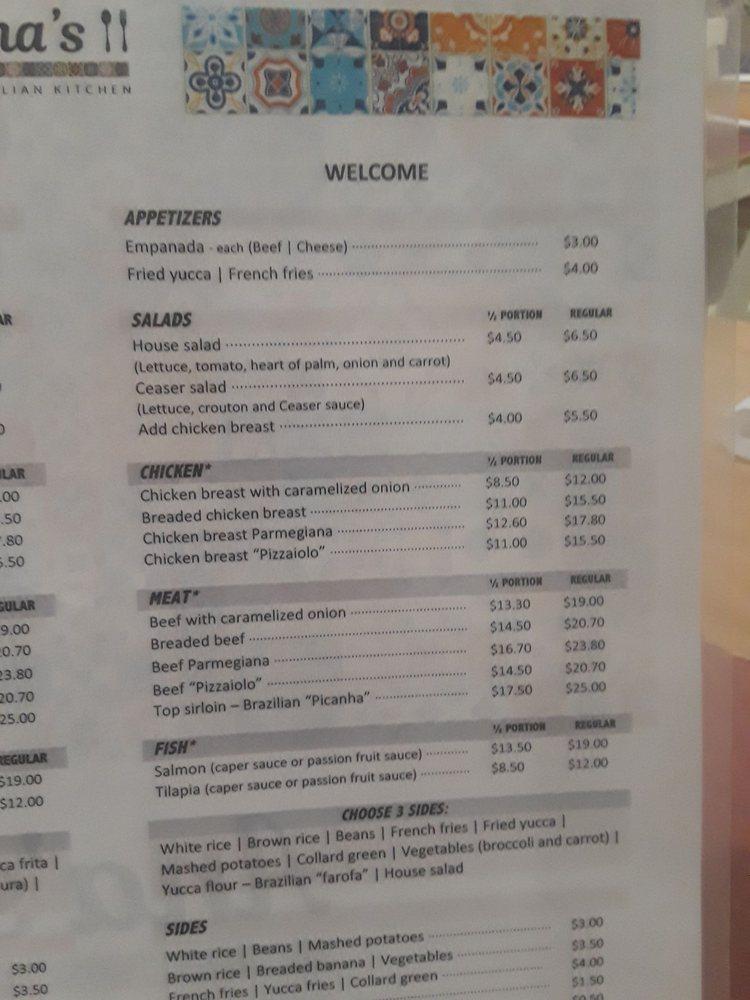 Menu at Ana's Brazilian Kitchen restaurant, Orlando