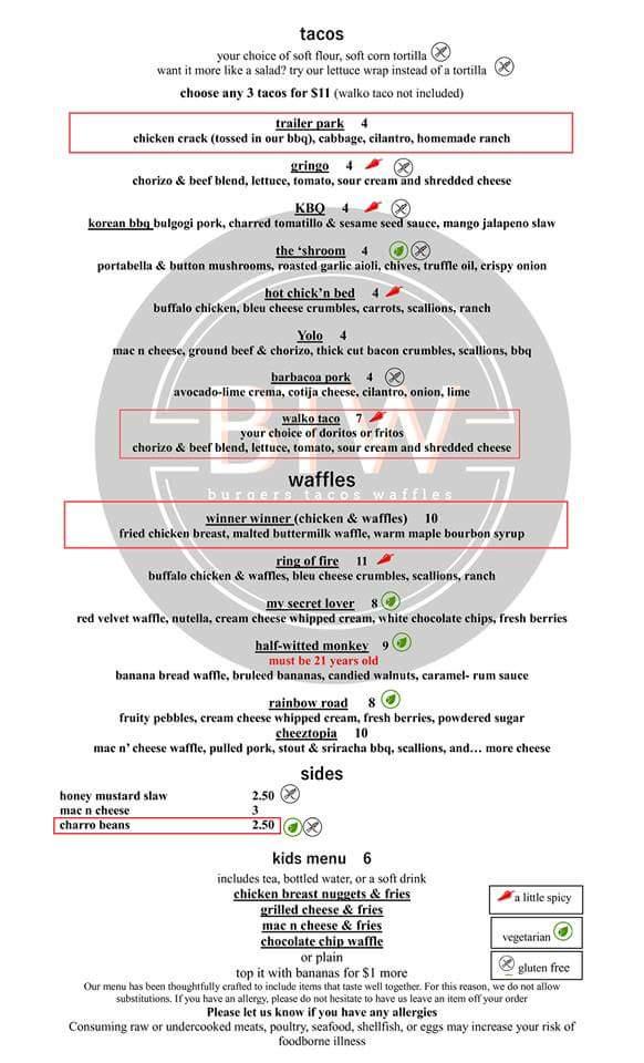 Menu at BTW - BURGERS TACOS WAFFLES restaurant, Tavares