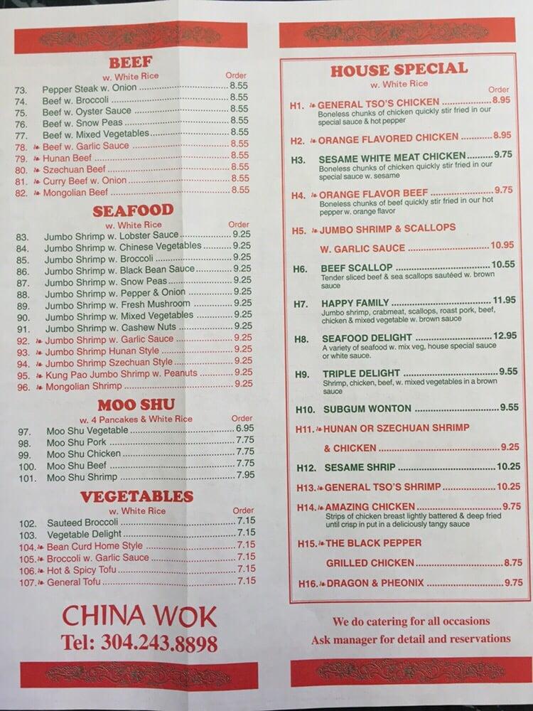 Menu at China Wok restaurant, Wheeling, 103 Bridge St Plaza