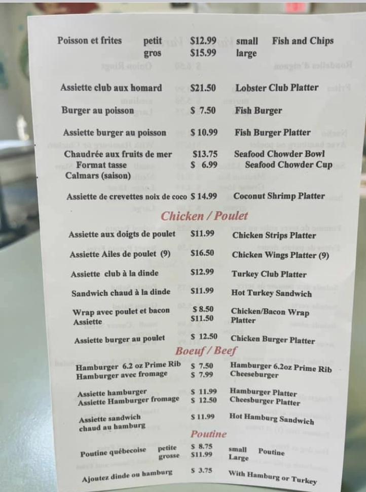 Menu at Lobster Deck restaurant, Shediac