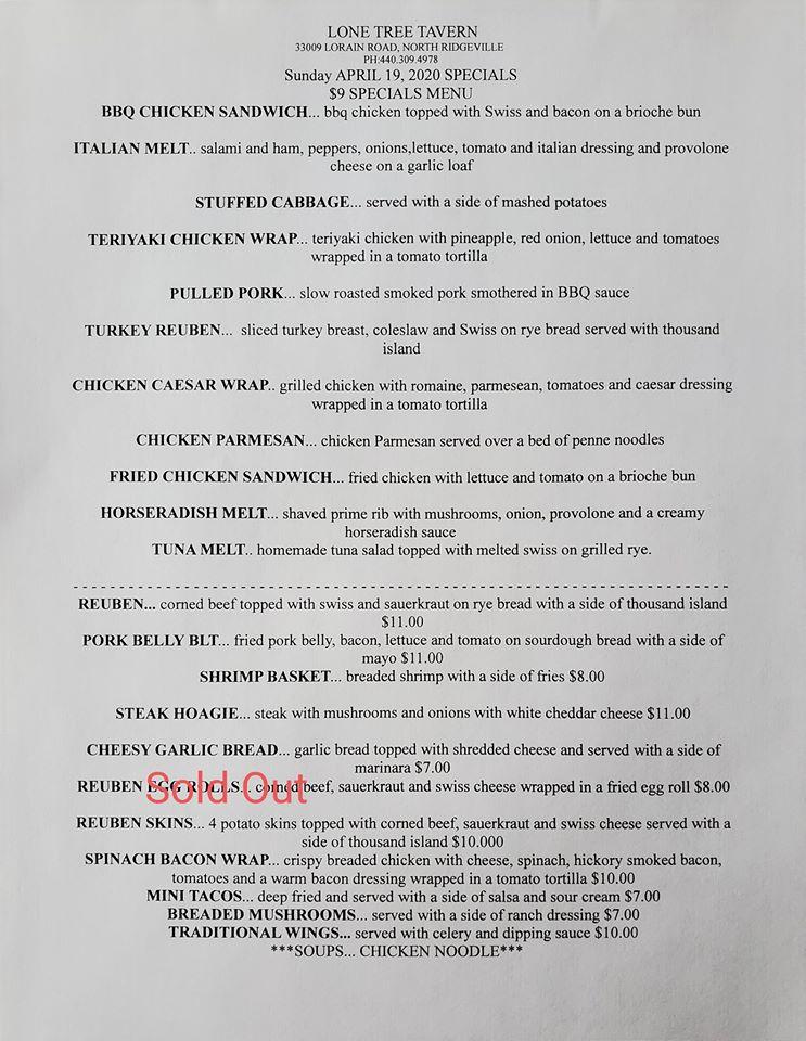 Menu at Lone Tree Tavern pub & bar, North Ridgeville