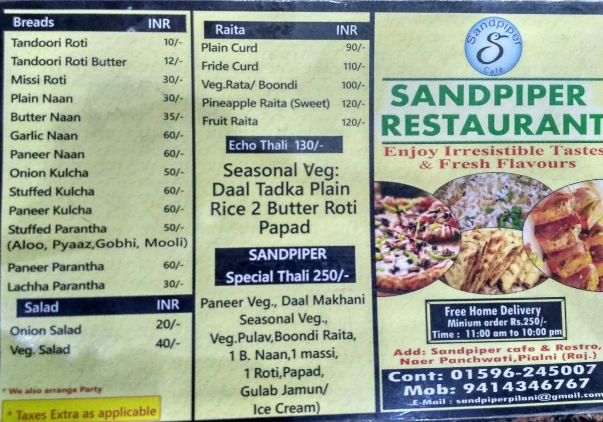 Menu at Sandpiper Cafe And Restro, Pilani, near PANCHWATI Pilani