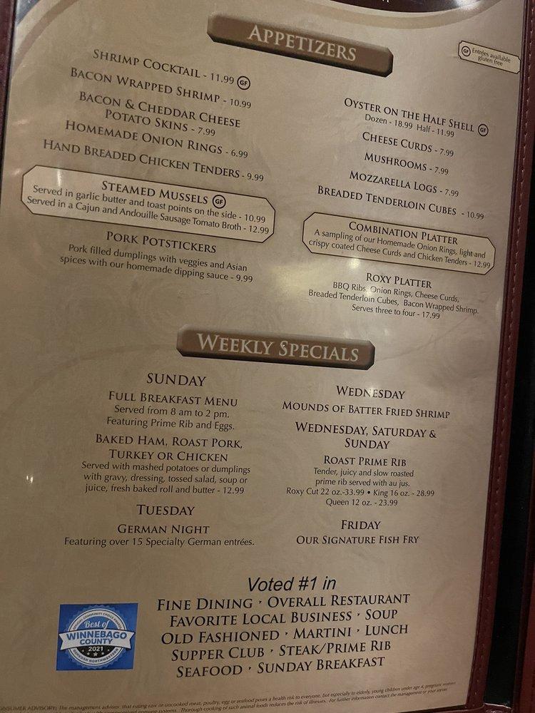 Menu at The Roxy Supper Club, Oshkosh