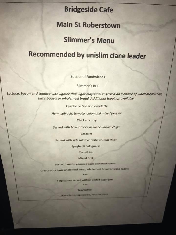 Menu at Bridgeside Cafe, Ireland