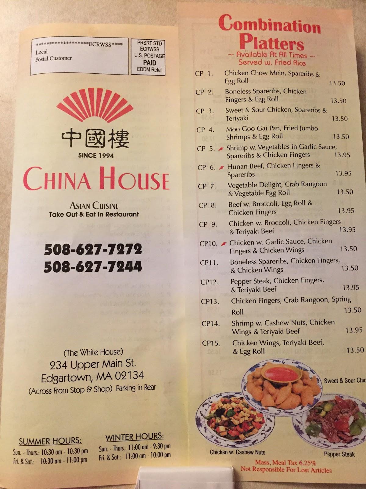 Menu at China House restaurant, Edgartown, 234 Upper Main St