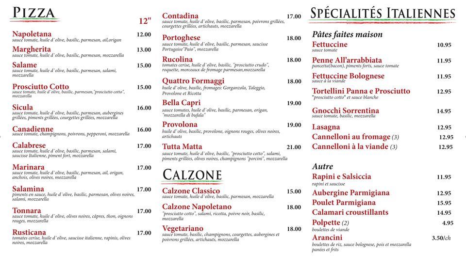Menu at Da Gina restaurant, Laval