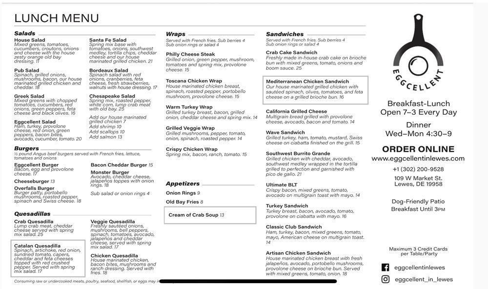 Menu at Eggcellent restaurant, Lewes