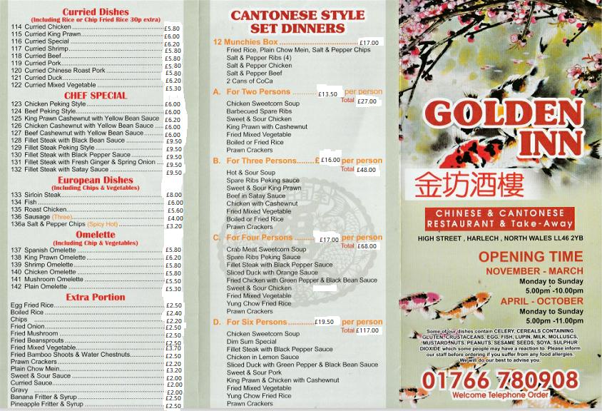 Carta del pub y bar Golden Inn, Harlech