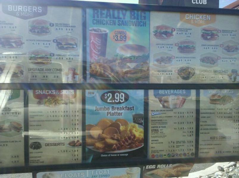 Menu at Jack in the Box fast food, Fernley, 225 US Highway 95A N