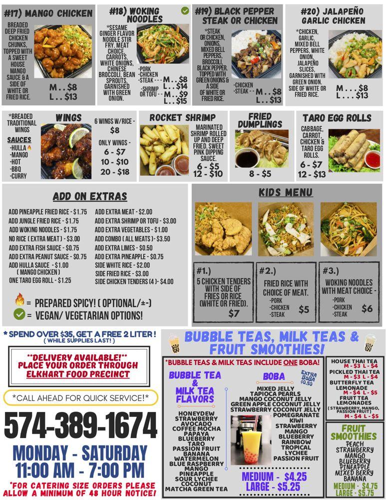 Menu at Kao's restaurant, Elkhart