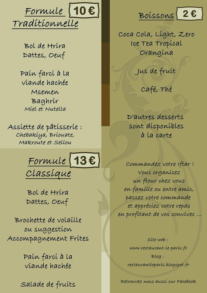 Menu at Le Paris restaurant, Savigny-le-Temple