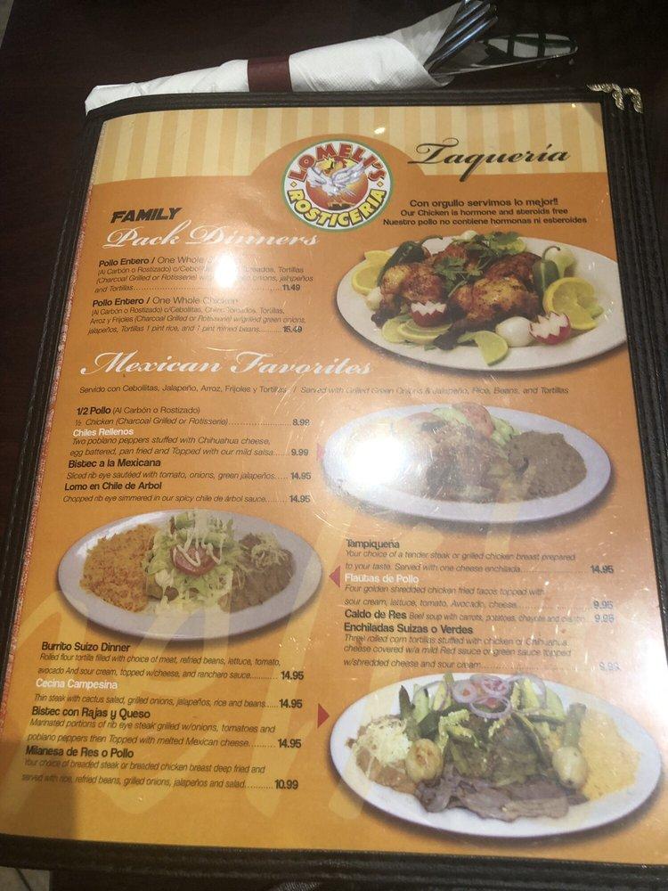 Menu at Lomeli's Rosticeria restaurant, Round Lake Beach, N Cedar Lake Rd