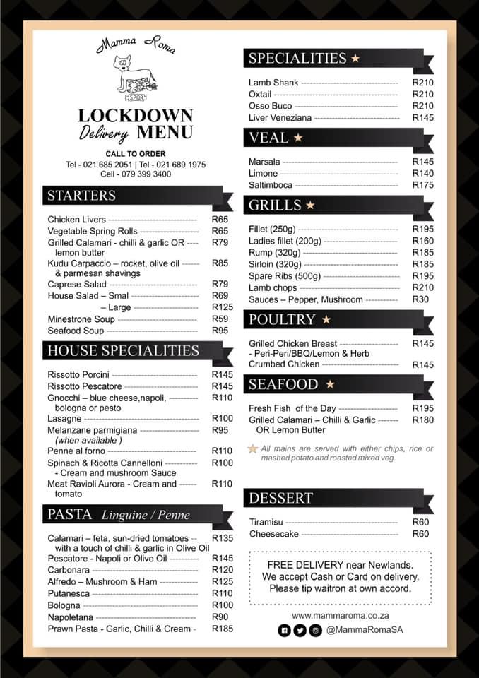 Menu at Mamma Roma Newlands restaurant, Cape Town, Dean street Arcade