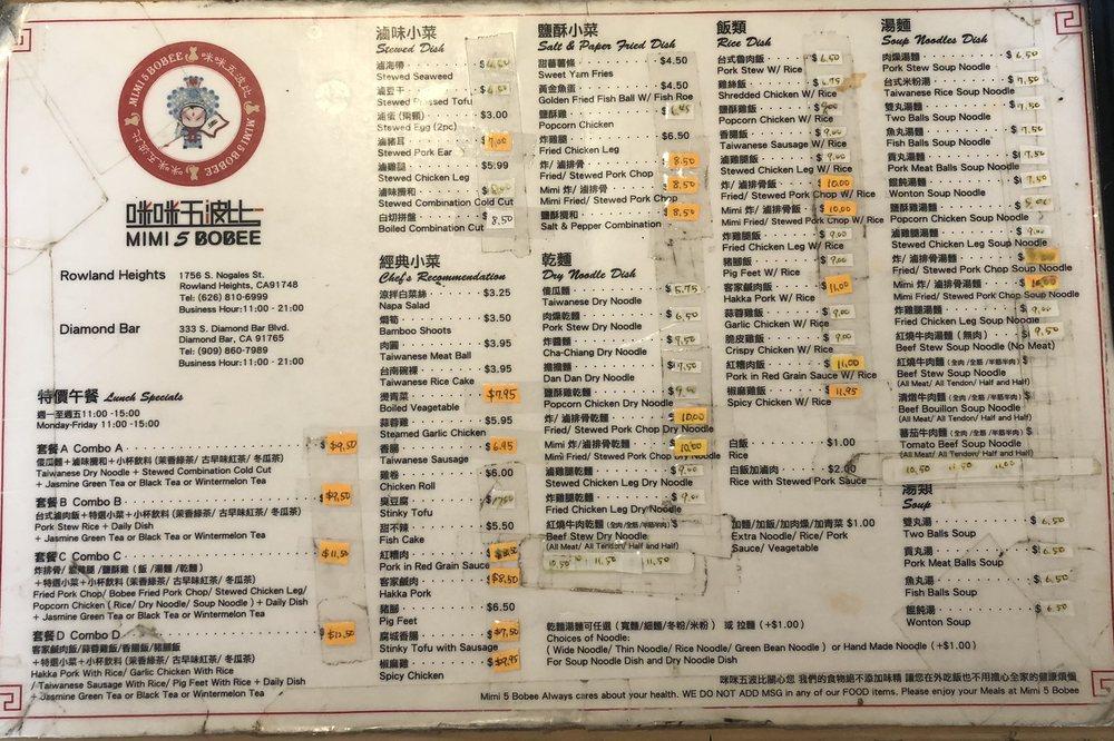 Menu at Mimi 5 Bobee restaurant, Diamond Bar
