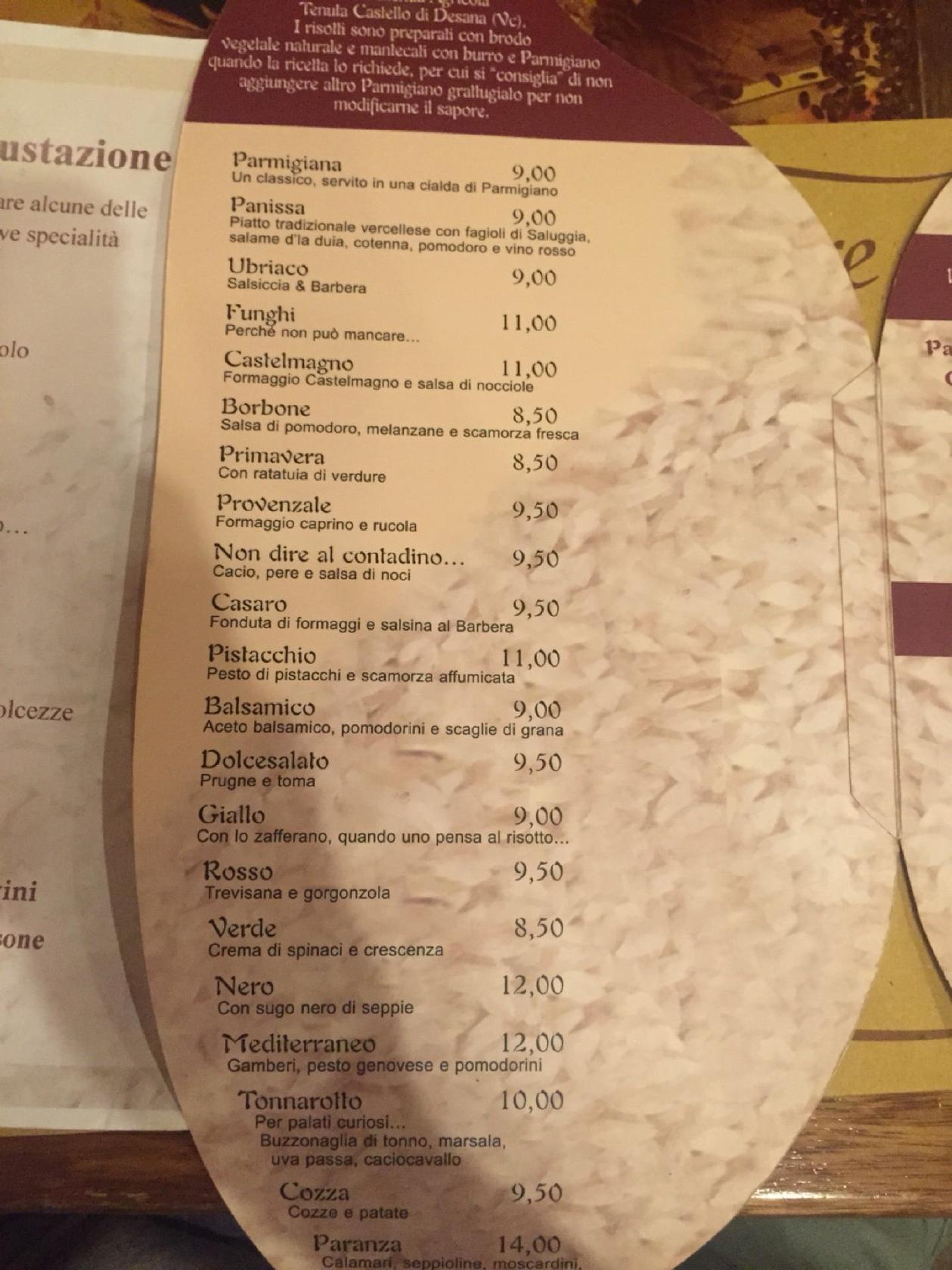 Carta del restaurante Oryza, Turin