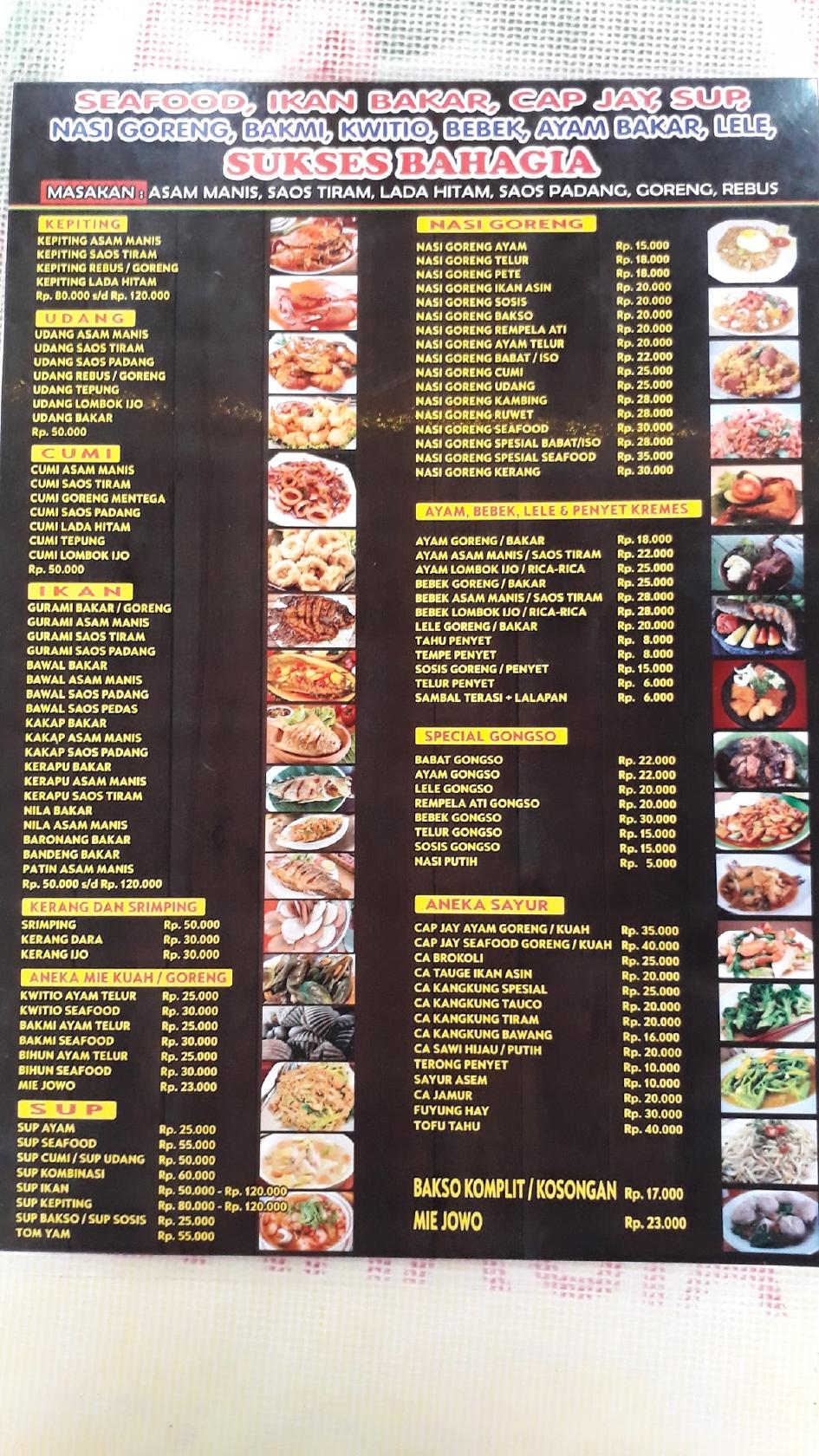 Menu at Seafood & Ikan Bakar "Sukses Bahagia" restaurant, Semarang